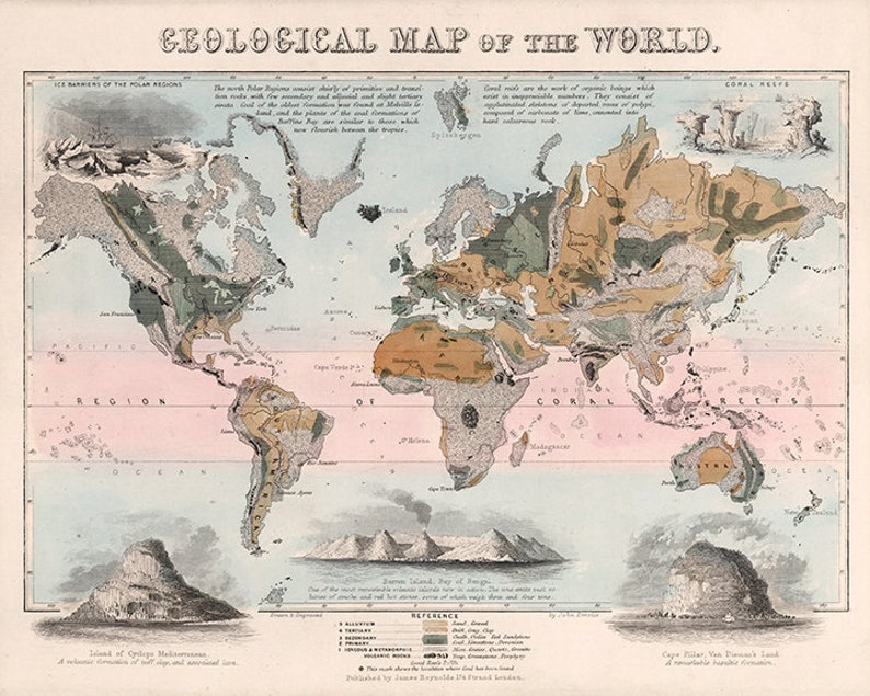 Geological Map of the World 1852. Vintage Restoration - Etsy
