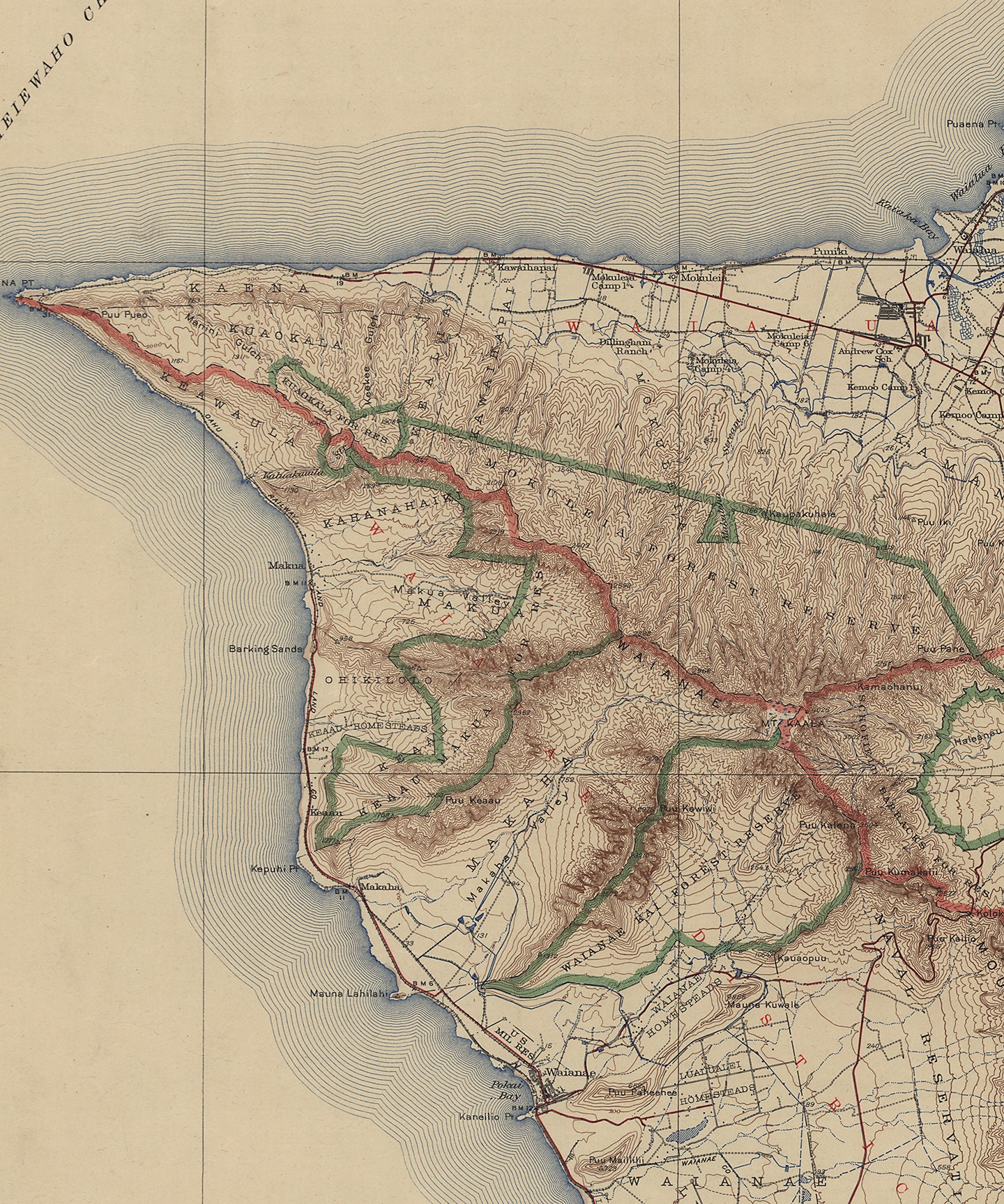 Topographic Map of Oahu, Honolulu Co., Hawaiian Islands, 1938. Home ...