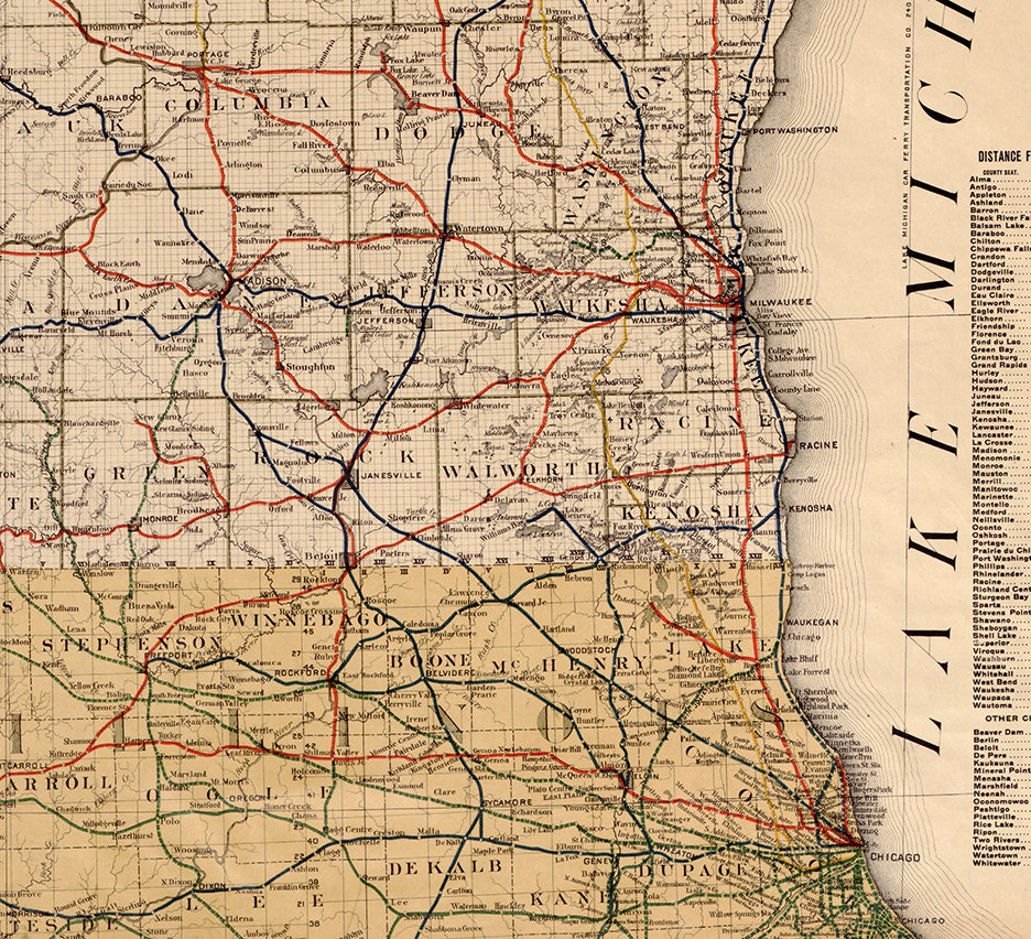 Official Railroad Map of Wisconsin, 1900. Vintage Restoration Hardware ...