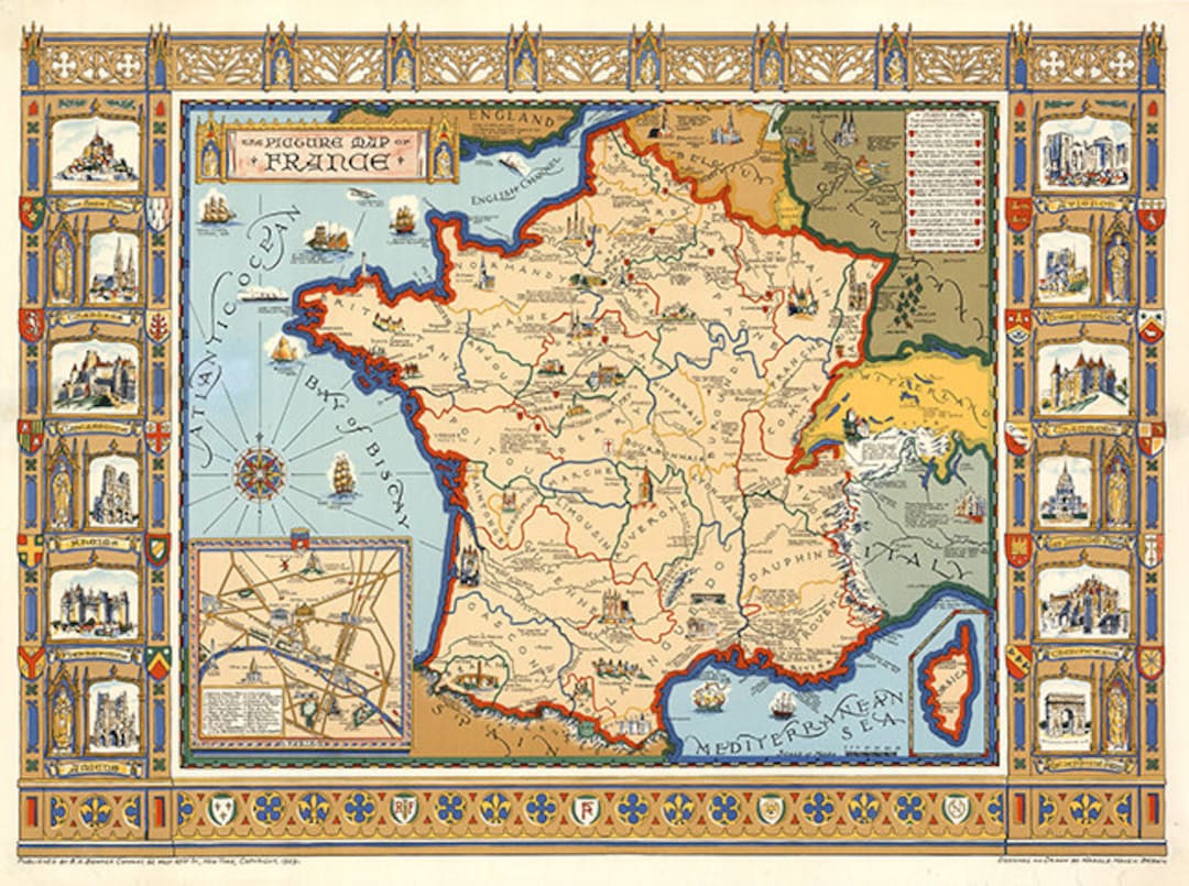 Pictorial Map of France, 1929. Vintage Restoration Hardware Home Deco ...