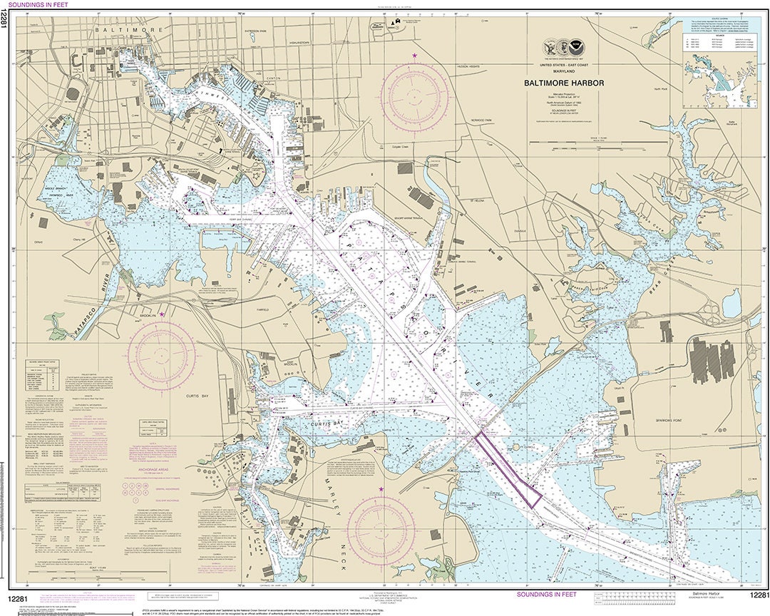 Baltimore Harbor Map – NOAA Nautical Chart 12281 Reproduction ...