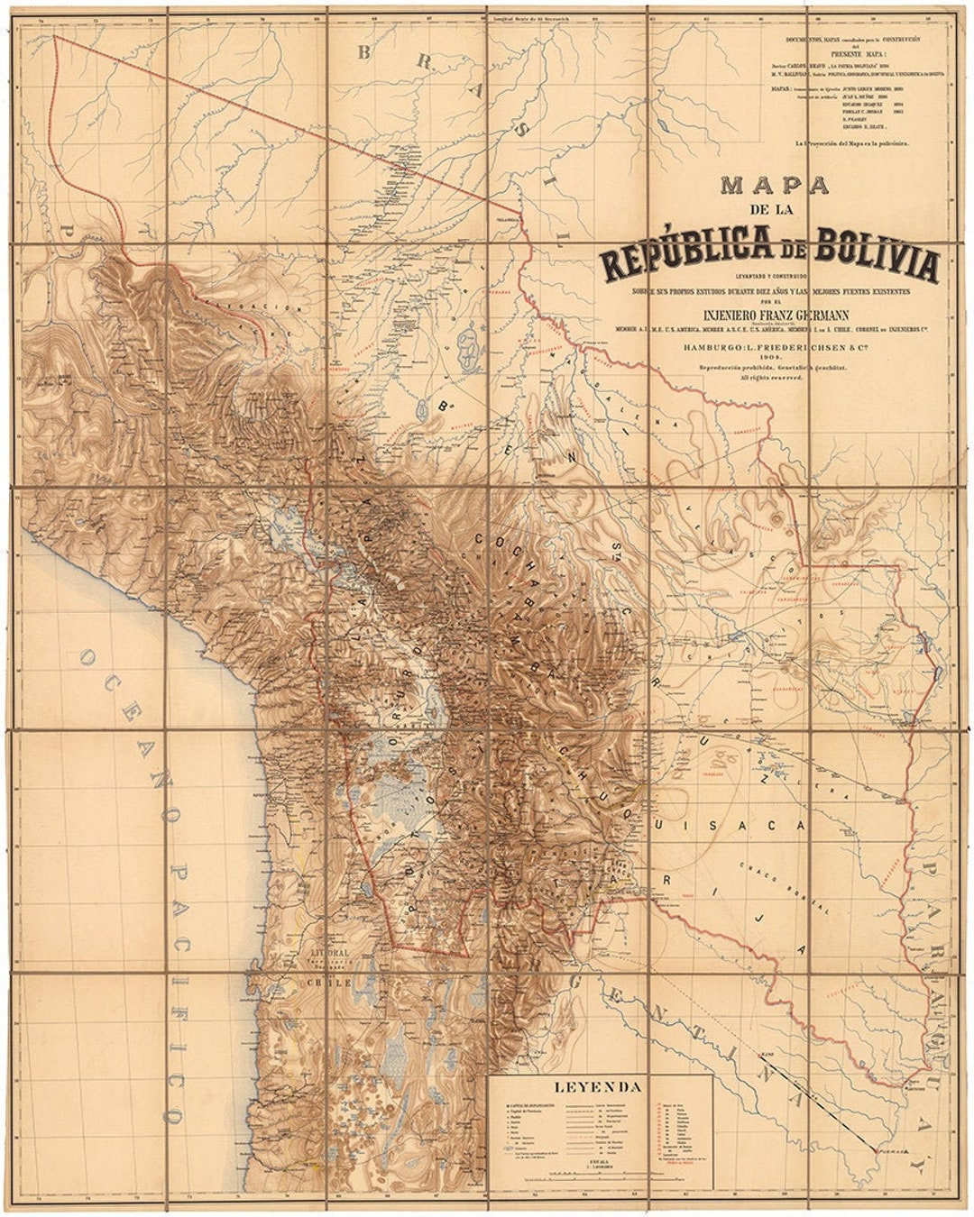 Map of Bolivia, Mapa De La Repuublica De Bolivia. 1904 Vintage Home ...