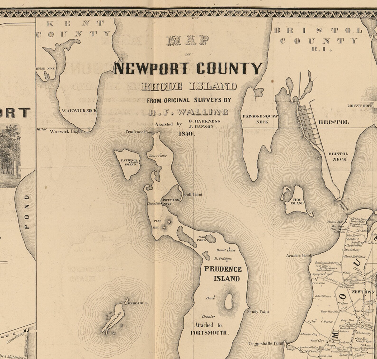 Map of Newport County, Rhode Island RI, 1850. Vintage Restoration ...
