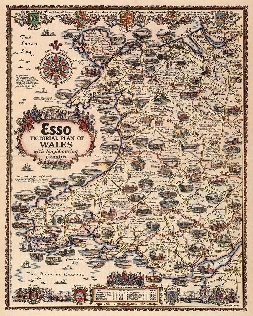 Historic Pictorial Map Esso Pictorial Plan of Wales With | Etsy