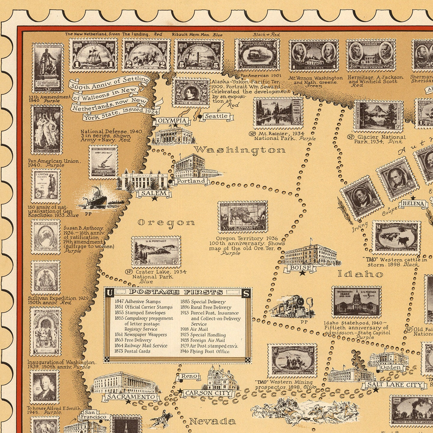 Pictorial Map of United States Stamps Poster U.S. Postage | Etsy