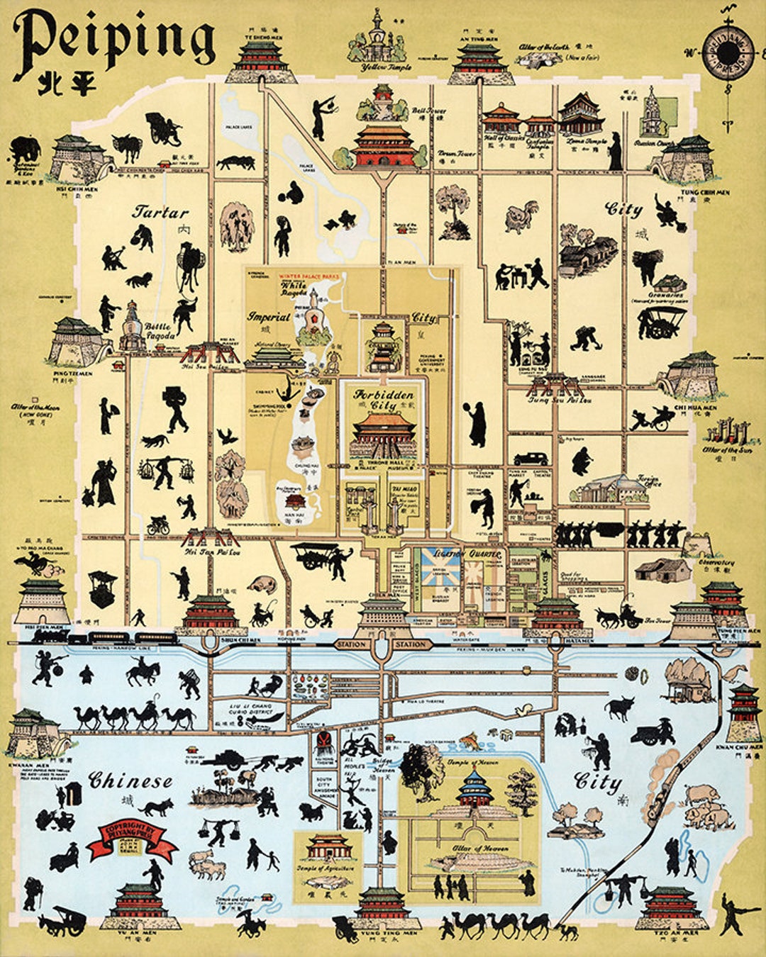 The Historic Map of Peiping (beijing), China, 1938. Vintage Restoration ...