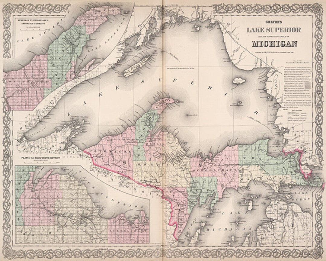 Map of the Lake Superior and Upper Peninsula, Michigan MI, 1886 ...