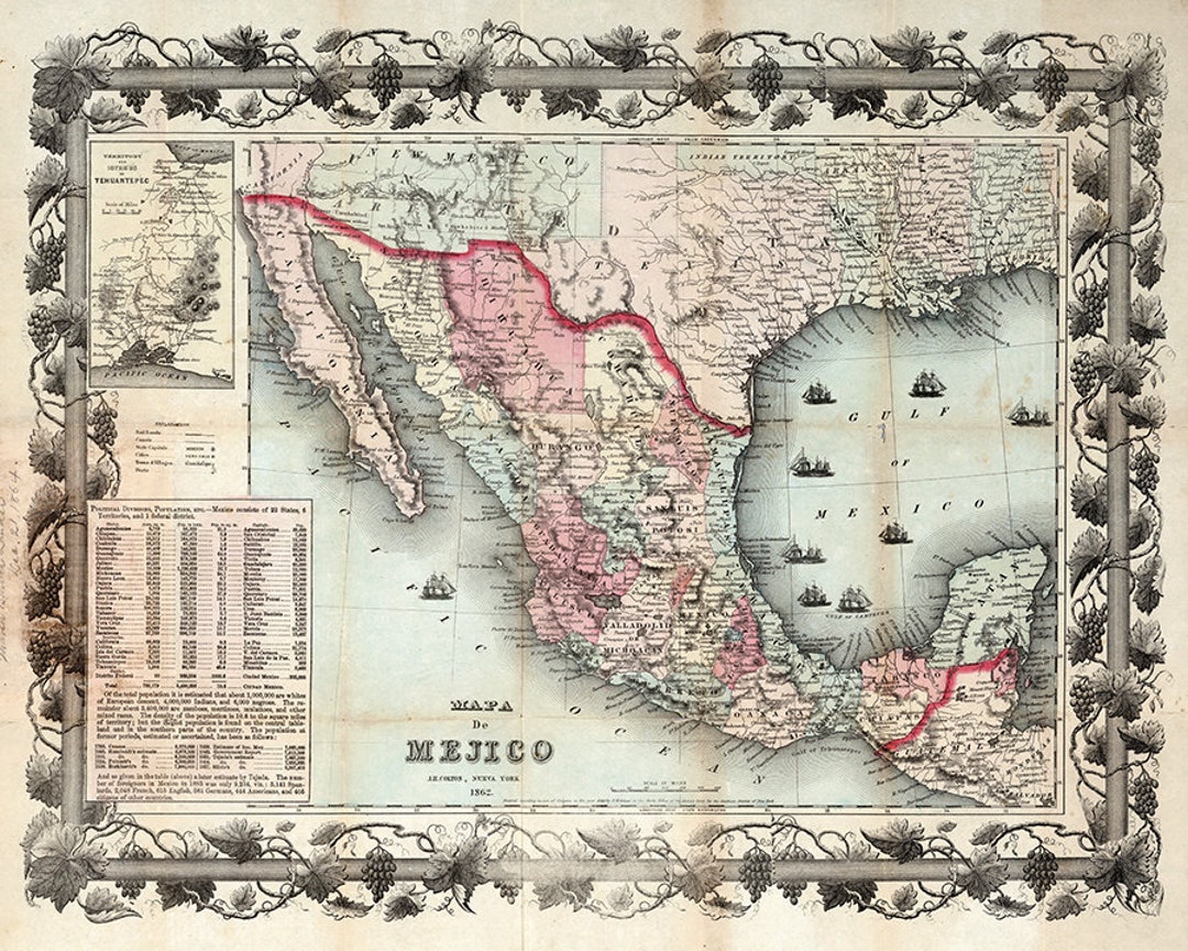 Map of Mexico, Mapa De Los Estados Unidos De Méjico, 1862. Vintage ...