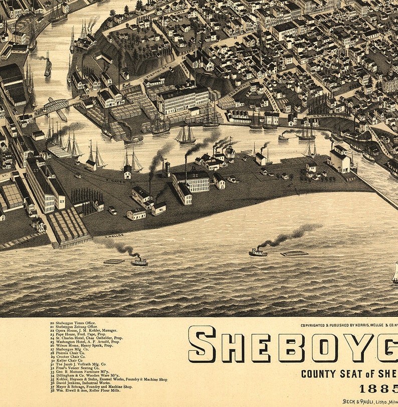 Map of Sheboygan, Sheboygan Co., Wisconsin 1885, WI. Vintage ...