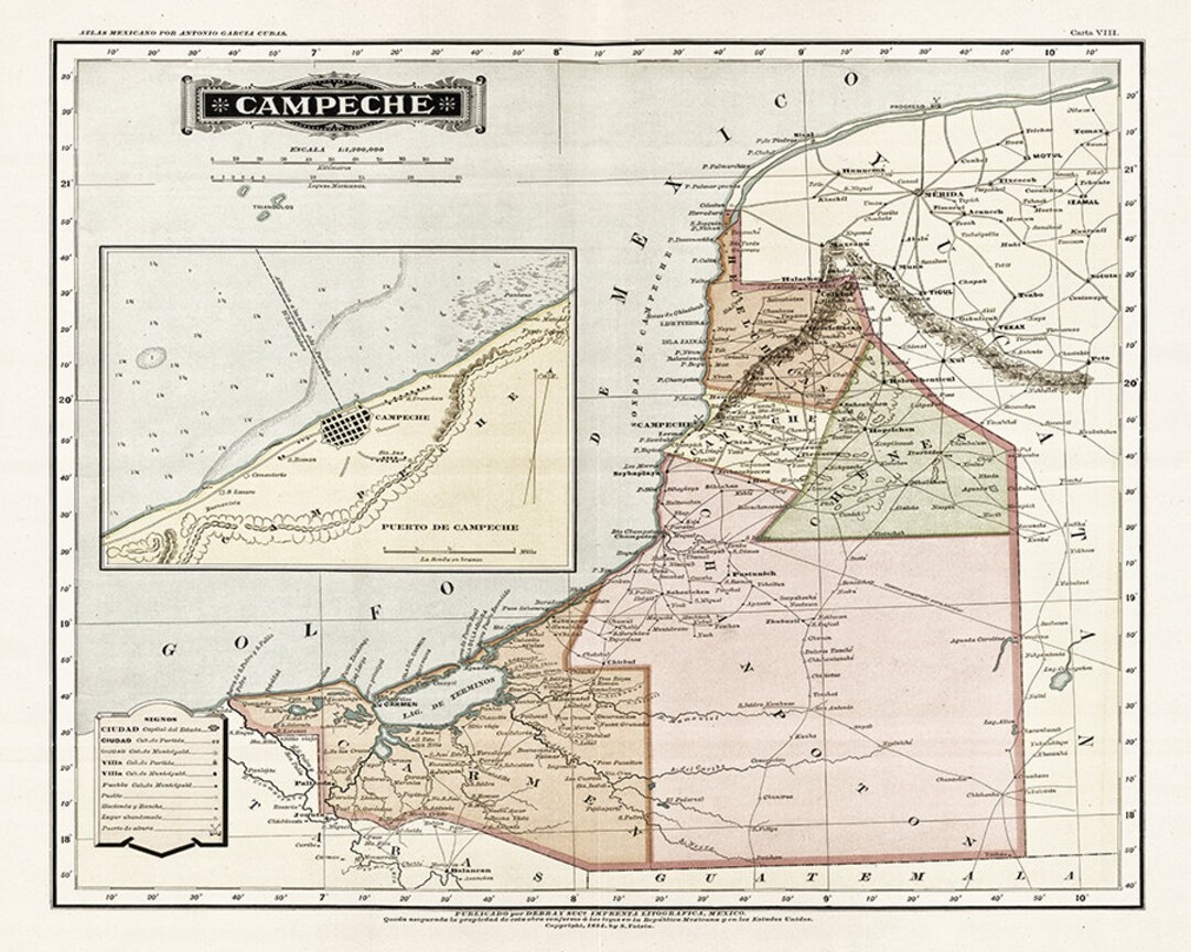 Map of Campeche, Mexico, 1886. Vintage Home Deco Style Old Wall ...