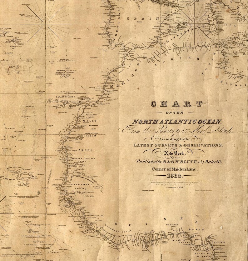 North Atlantic Ocean, 1835 Map. Vintage Home Deco Style Old Wall Map ...