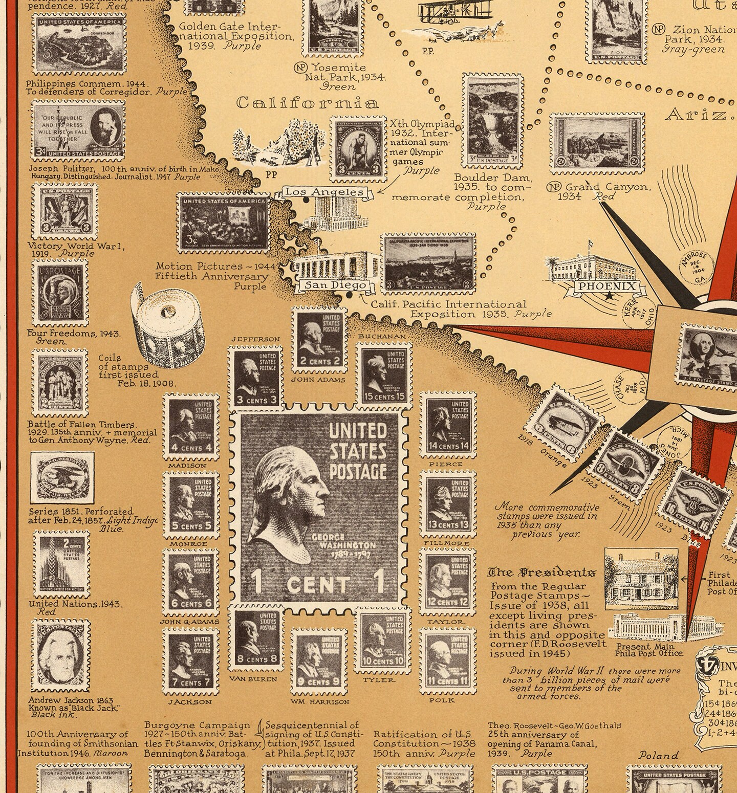 Pictorial Map of United States Stamps Poster U.S. Postage | Etsy