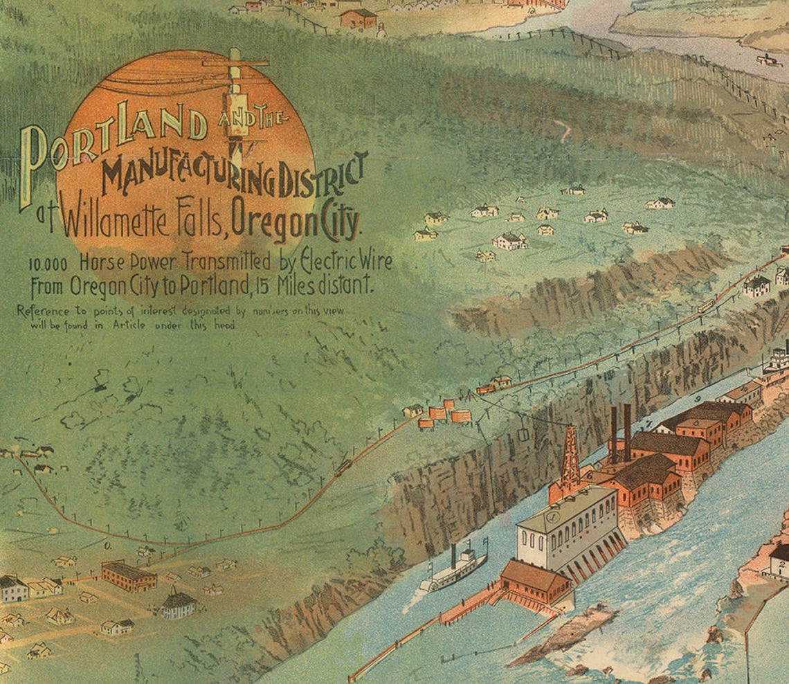 Map of Portland and the Manufacturing District of Willamette Falls ...