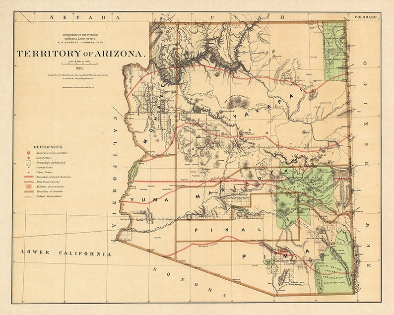 Map of Arizona, 1876. Vintage Restoration Hardware Home Deco Style Old ...