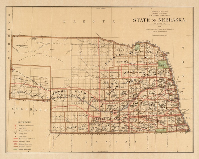 Map of State of Nebraska 1876. Vintage Home Deco Style Old | Etsy