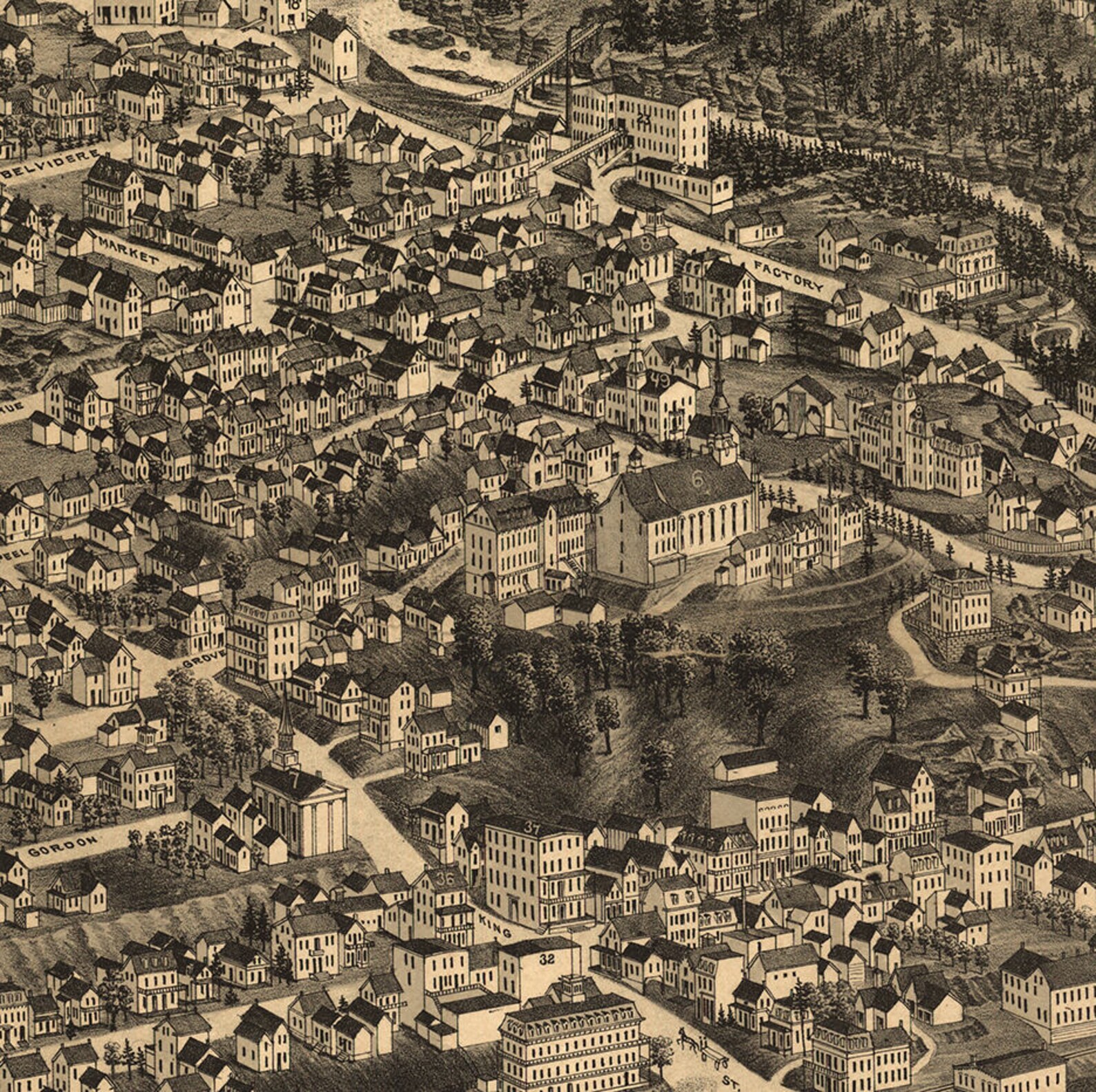 Map of Sherbrooke, Quebec, Canada in 1881. Reproduction Vintage Bird's ...