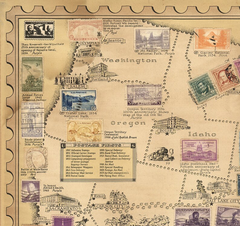 Pictorial Map of United States Stamps Poster U.S. Postage | Etsy