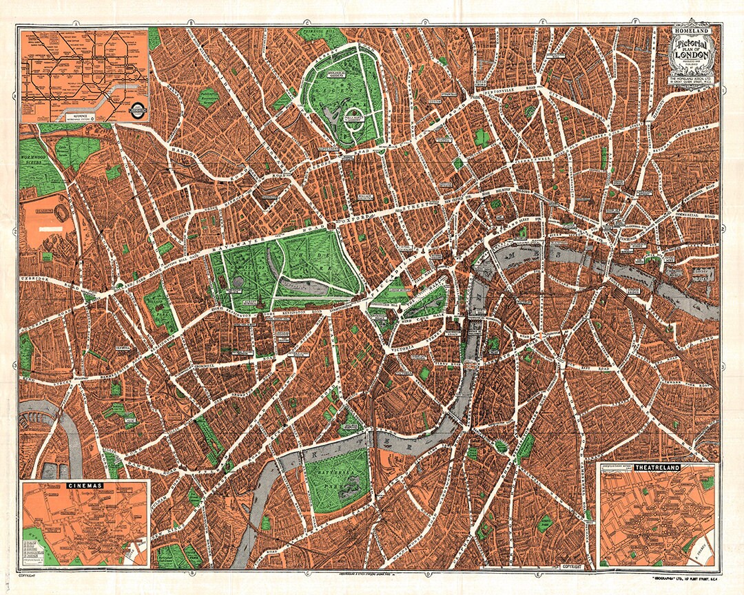 Pictorial Map of London England U.K. 1925. Vintage Reproduction Home ...