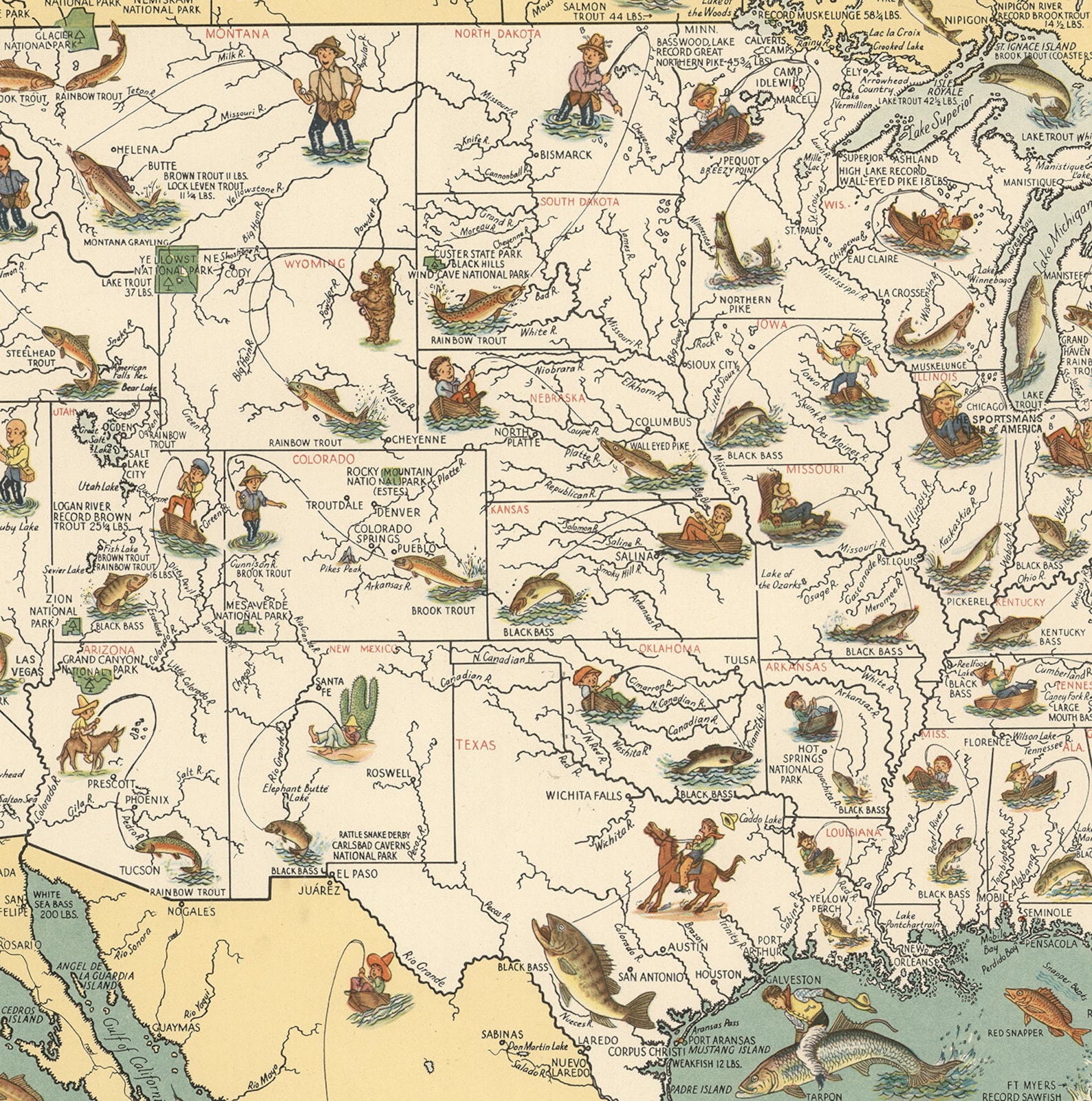 Big Game Fish Map Poster Print Vintage Fresh and Saltwater - Etsy