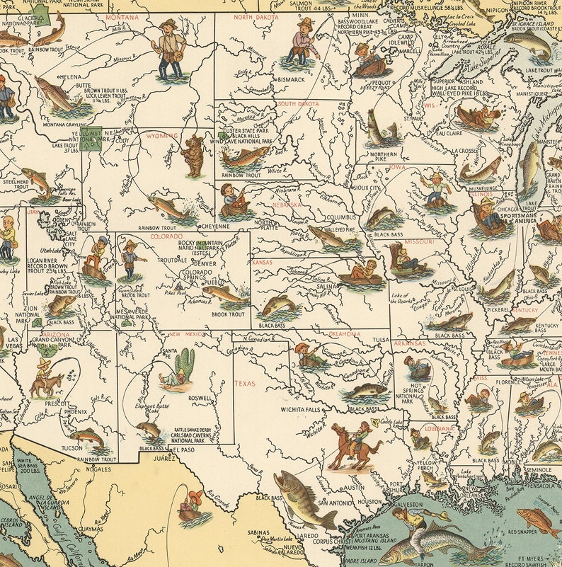 Big Game Fish Map Poster Print Vintage Fresh and Saltwater - Etsy
