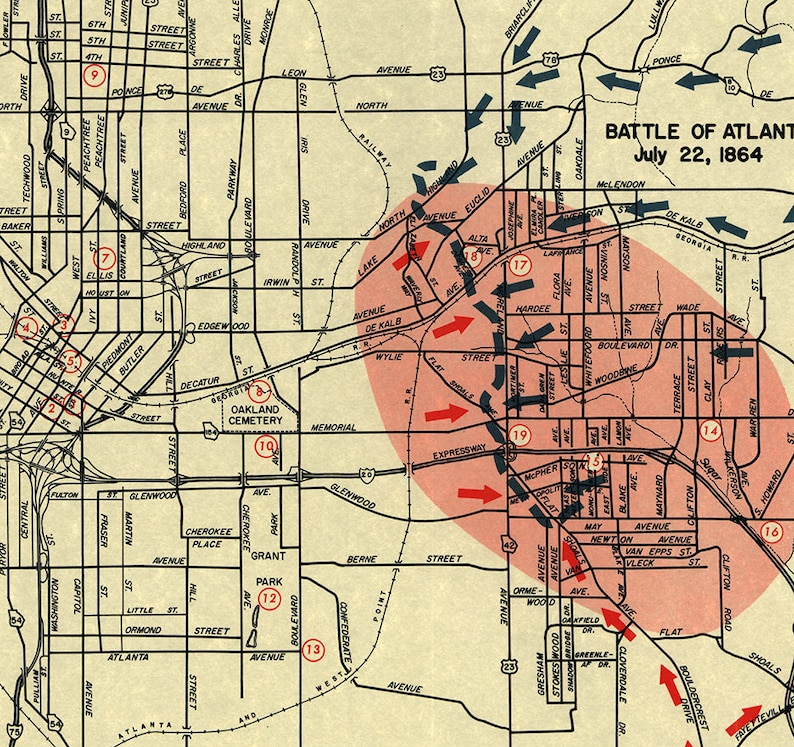 Map of Civil War Centennial City of Atlanta During 1864. - Etsy