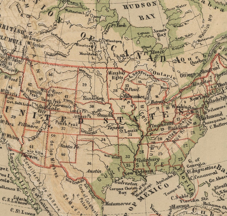 Map of the North America in 1880. Home Deco Style Old Wall - Etsy