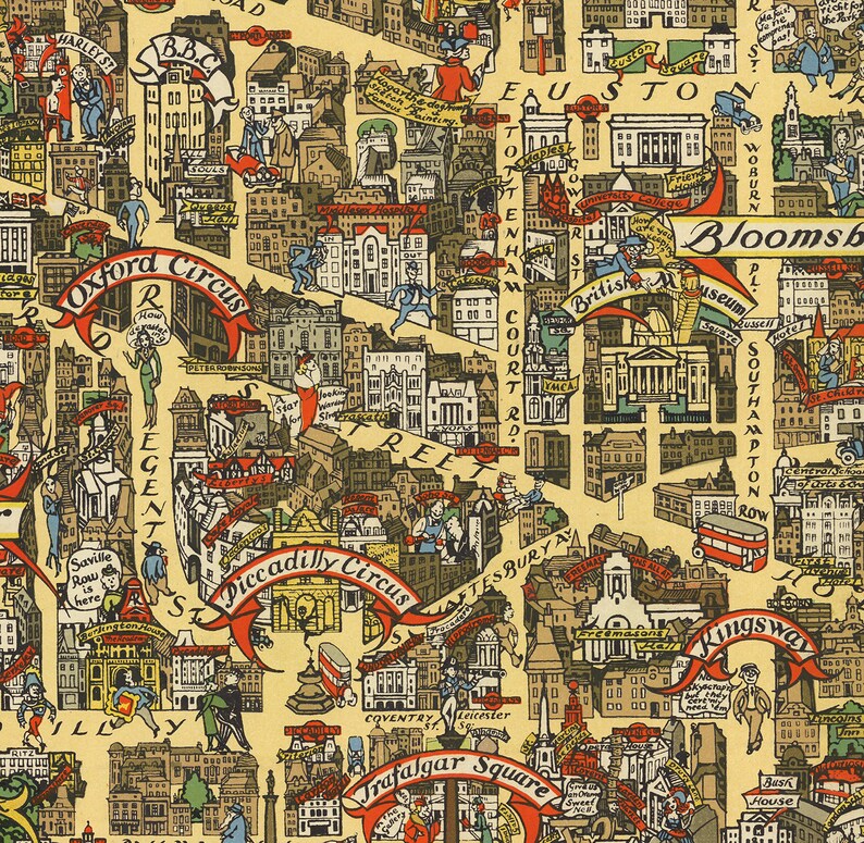 Pictorial Map of London Town 1938. Vintage Home Deco Style Old | Etsy