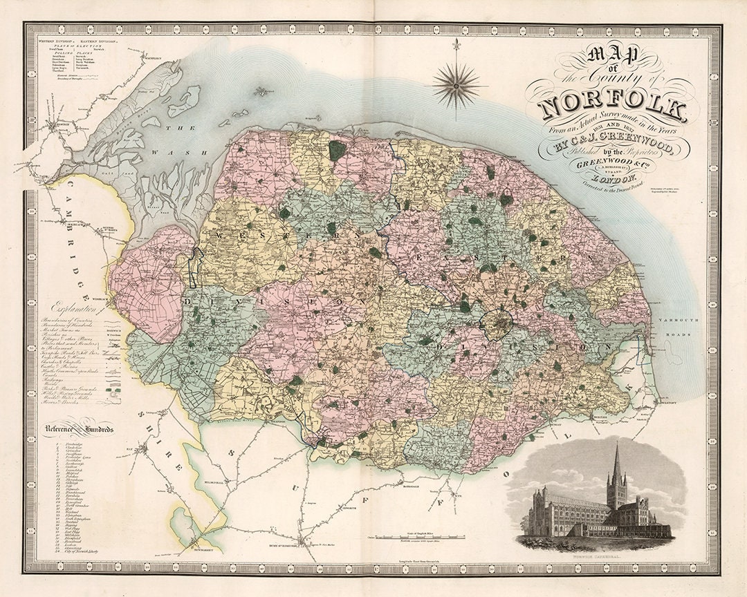 Map of Norfolk, England UK 1831. Vintage Home Deco Style Old Wall Map ...
