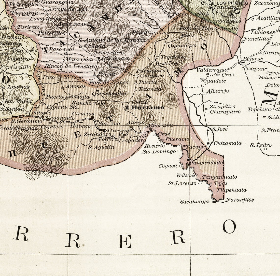 Map of Michoacan, Mexico, 1886. Vintage Home Deco Style Old Wall ...