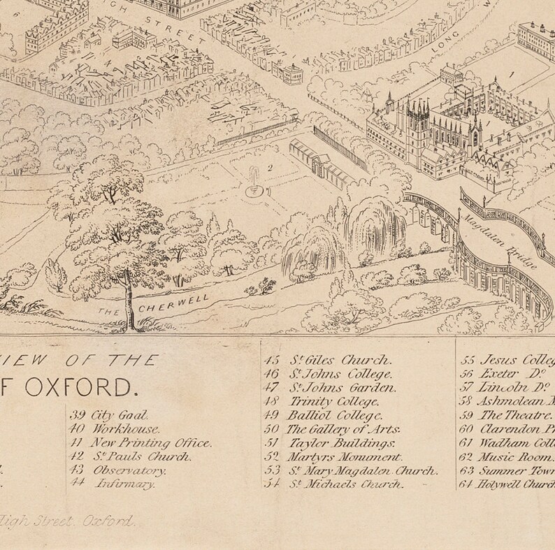 University and City of Oxford, England Map, 1850, Also Carfax Tower ...