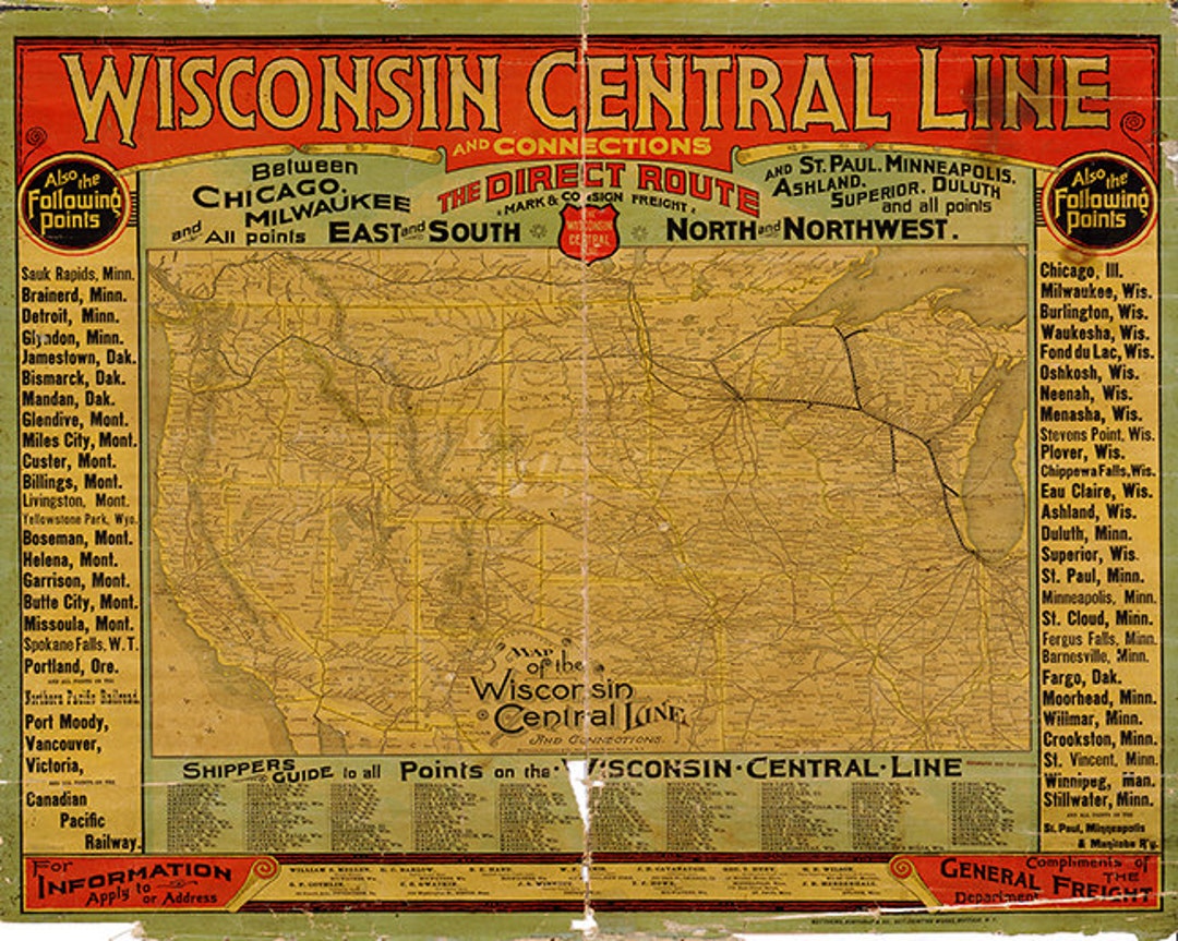 Map of the Wisconsin Central Line and Connections. Vintage Restoration ...