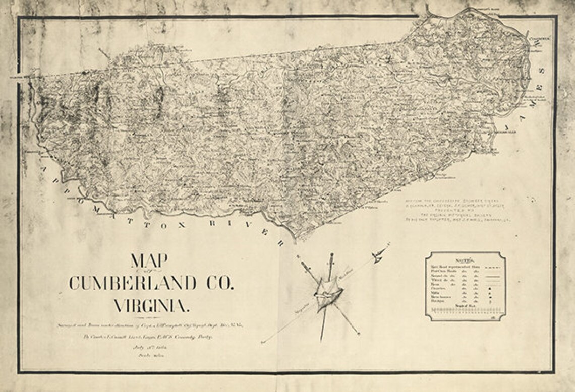 Map of Cumberland Co. Virginia Va. 1864. Vintage Restoration - Etsy