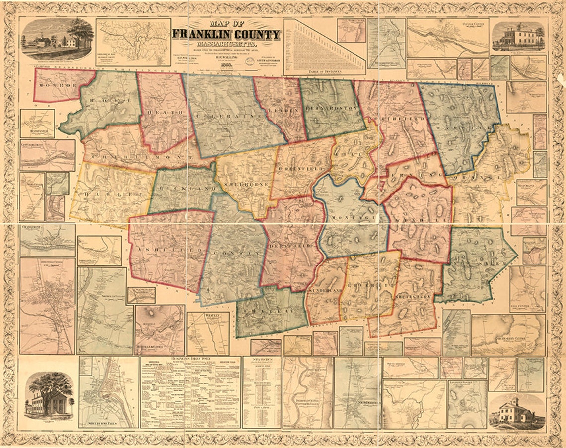 Map of Franklin County Massachusetts MA. 1858. Vintage - Etsy