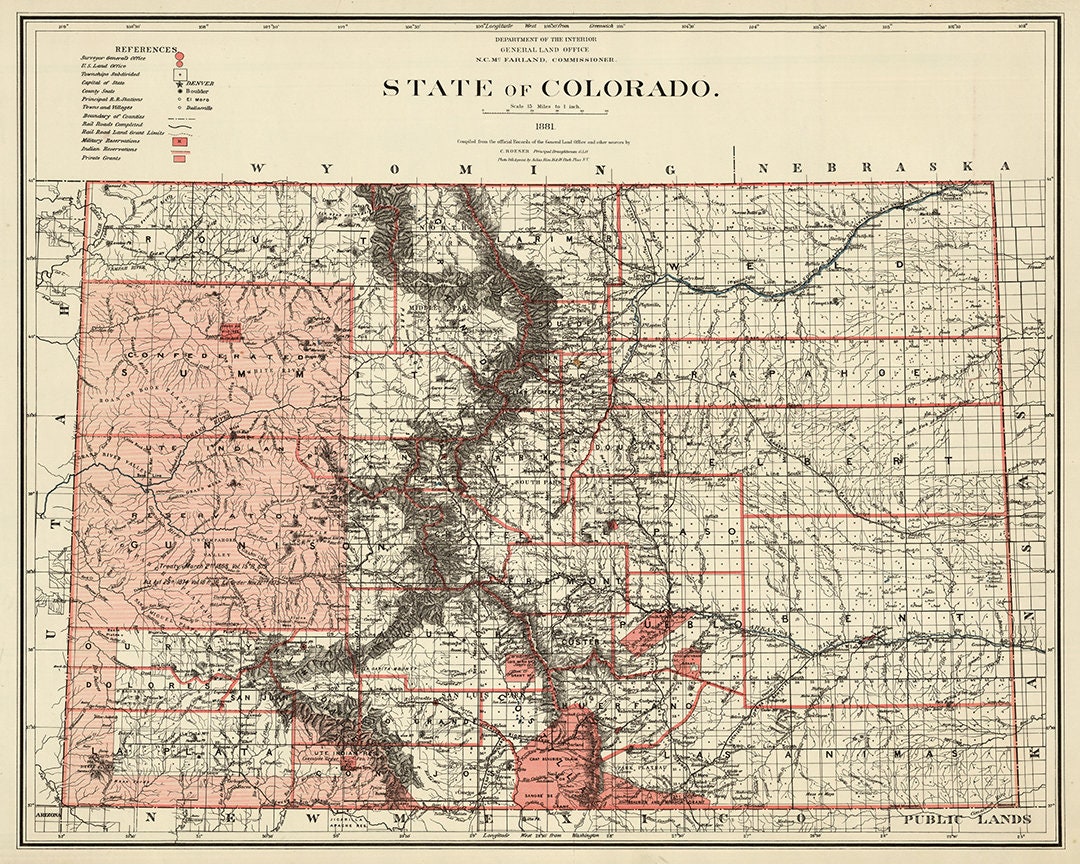 Map of Colorado 1881. Vintage Restoration Hardware Home Deco Style Old ...