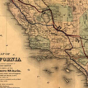 Map of California CA, 1876. Restoration Hardware Home Deco Style Old ...