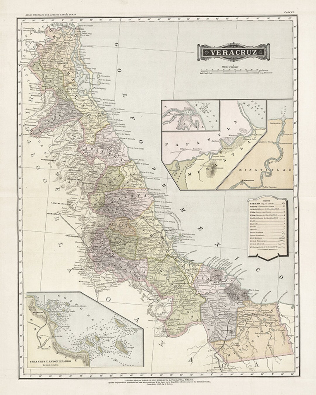 Map of Veracruz, Mexico 1886. Vintage Restoration Hardware Home Deco ...