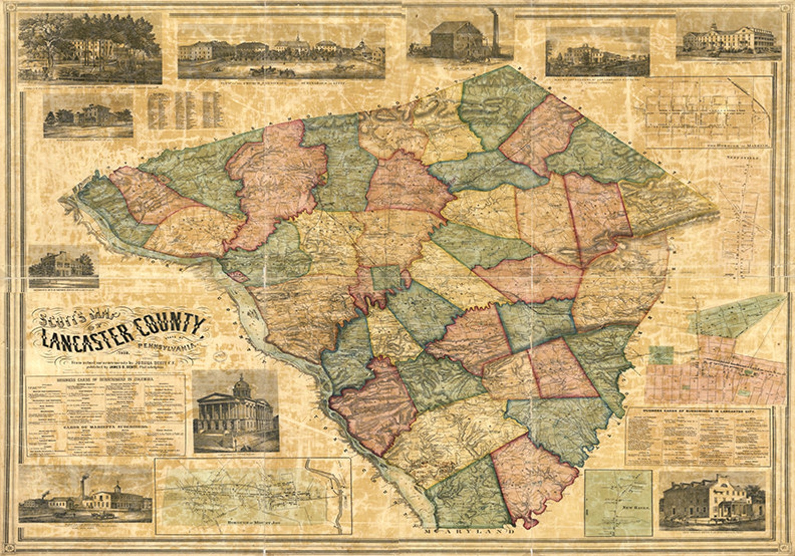 Map of Lancaster County Pennsylvania PA 1858. Restoration - Etsy