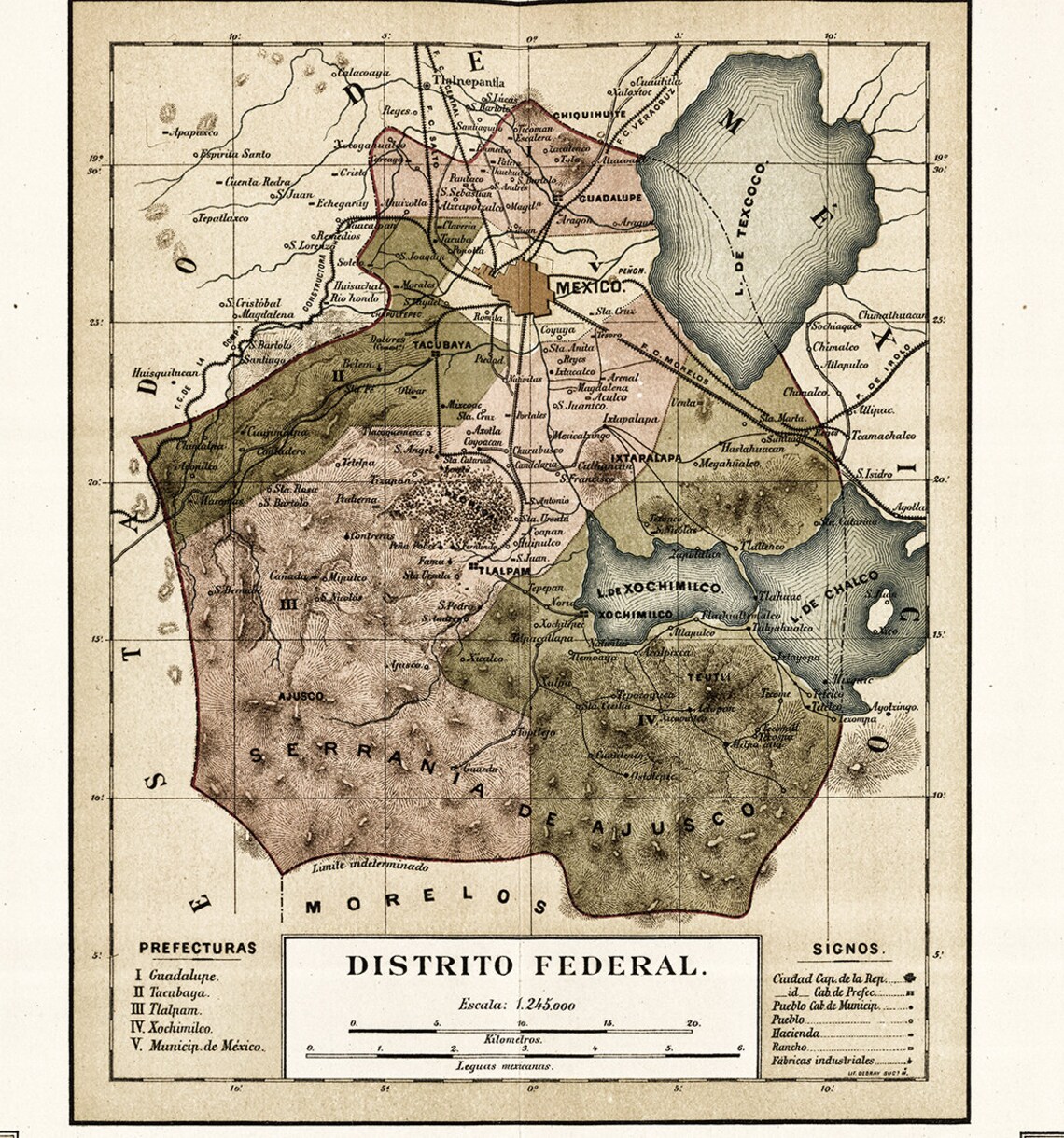 Map of Distrito Federal Mexico 1886. Vintage Restoration - Etsy
