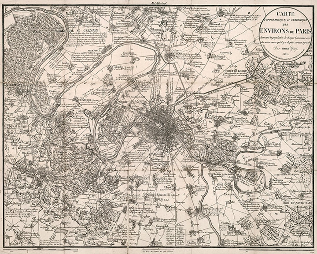 Map of Paris, France, 1832. Restoration Hardware Home Deco Style Old ...