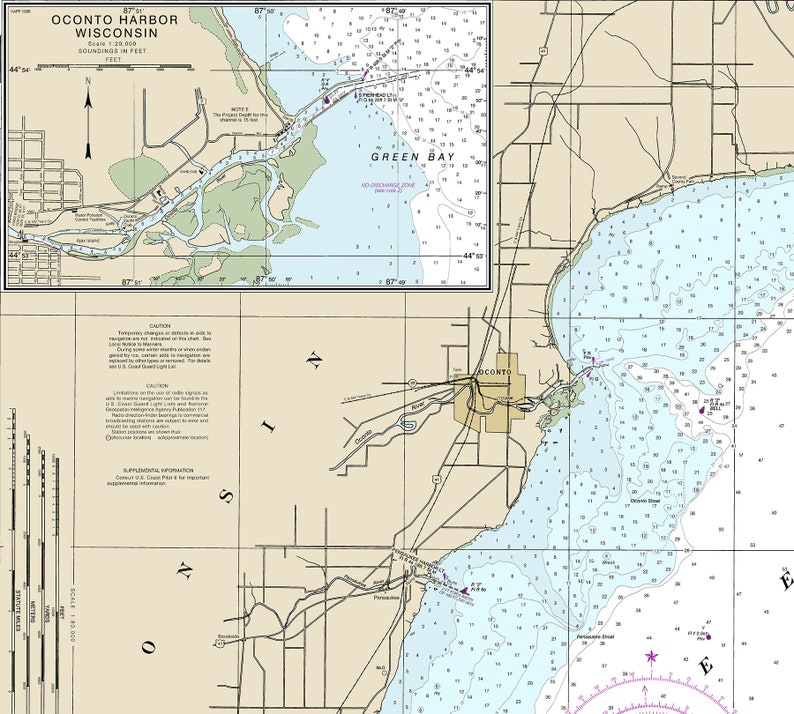 Lower Green Bay Algoma Oconto Lake Michigan Nautical Wall Art NOAA ...