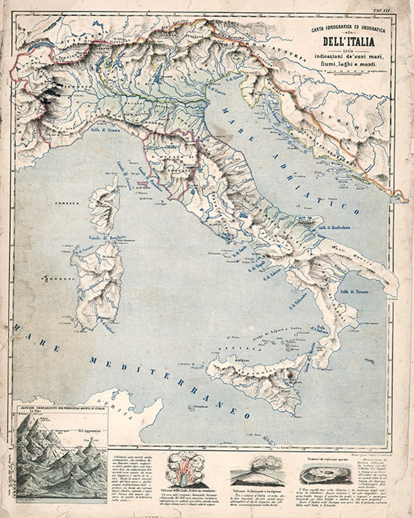 Mapa hidrográfico y orográfico de Italia 1853. Vintage - Etsy México