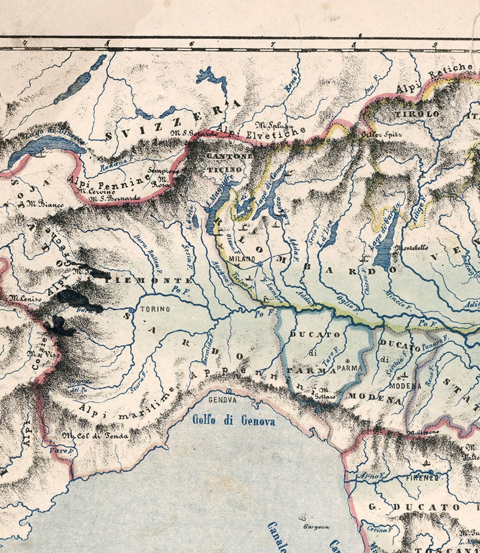 Mapa hidrográfico y orográfico de Italia 1853. Vintage - Etsy México