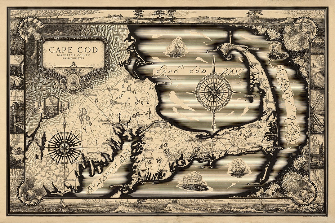 Pictorial Map of Cape Cod: Barnstable County Massachusetts | Etsy