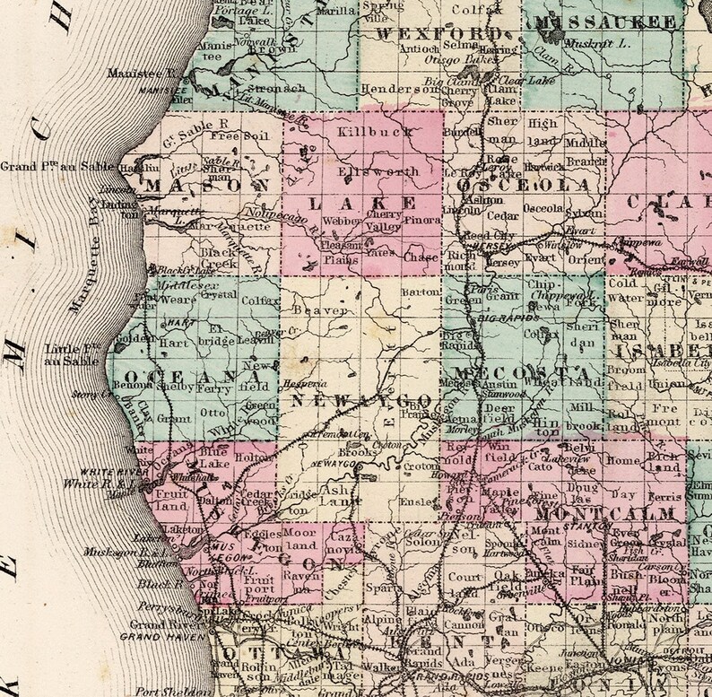 Map of the States of Michigan. 1873. Vintage Restoration Hardware Home ...