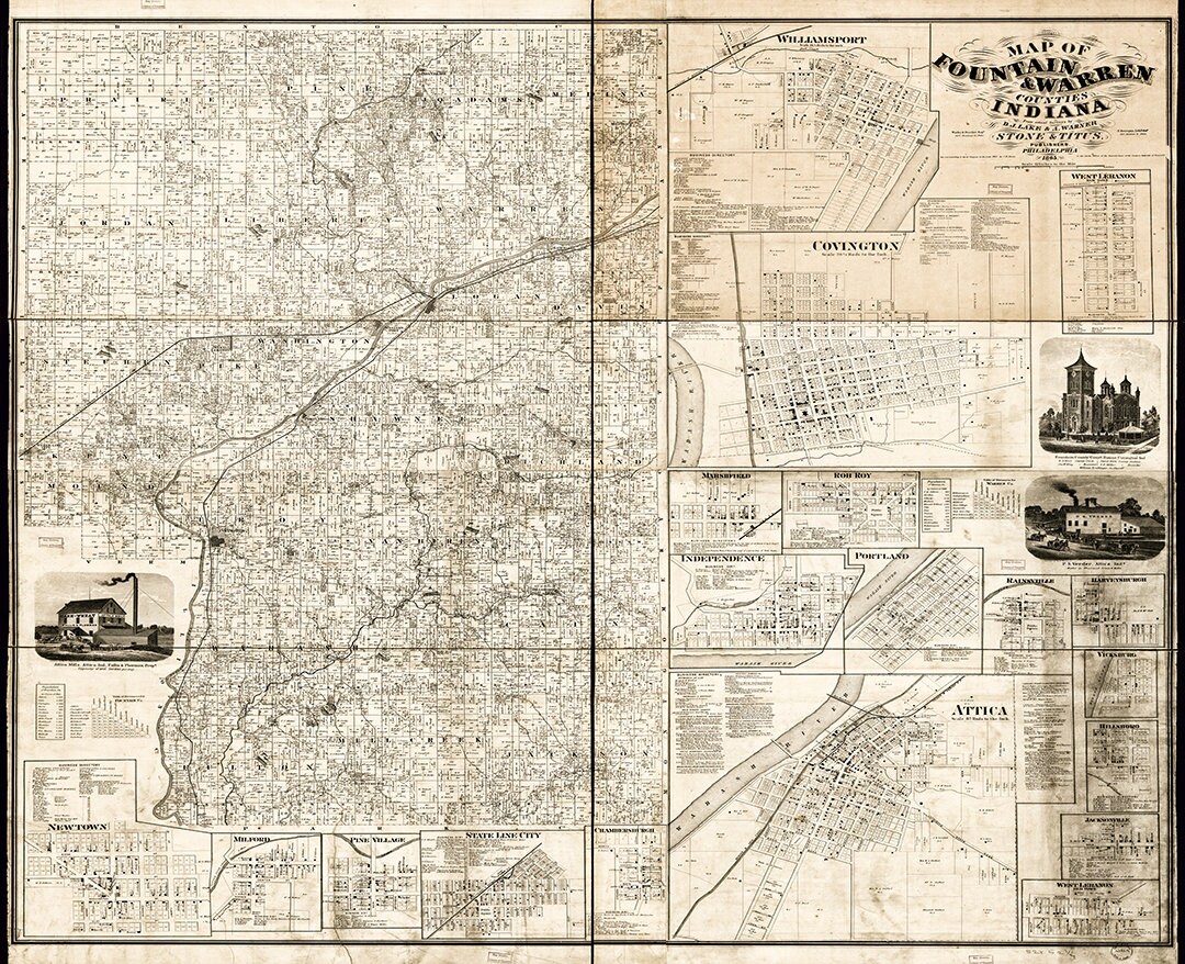 Map of Fountain & Warren Counties, Indiana 1865 Home Old Wall Vintage ...