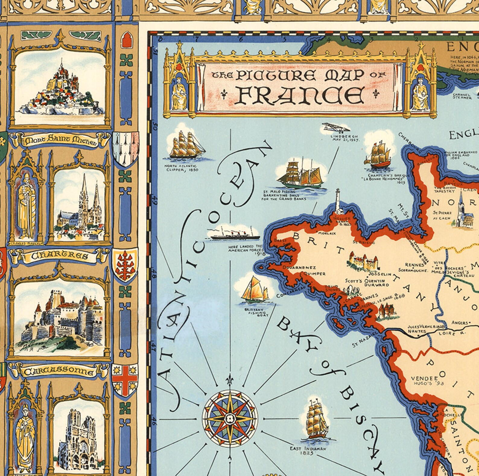 Pictorial map of France 1929. Vintage restoration hardware | Etsy