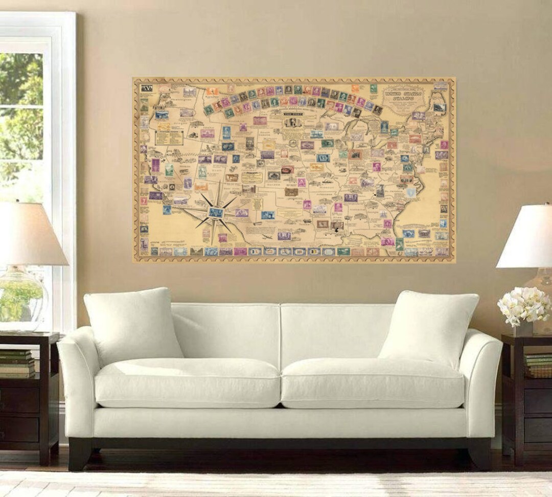 Pictorial Map of United States Stamps Poster, U.S. Postage Stamps ...