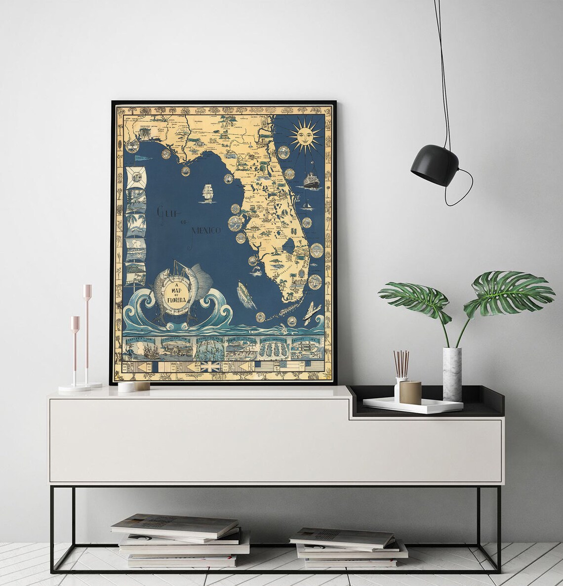 Pictorial Map of Florida FL. Home Deco Style Old Wall Vintage Reprint ...