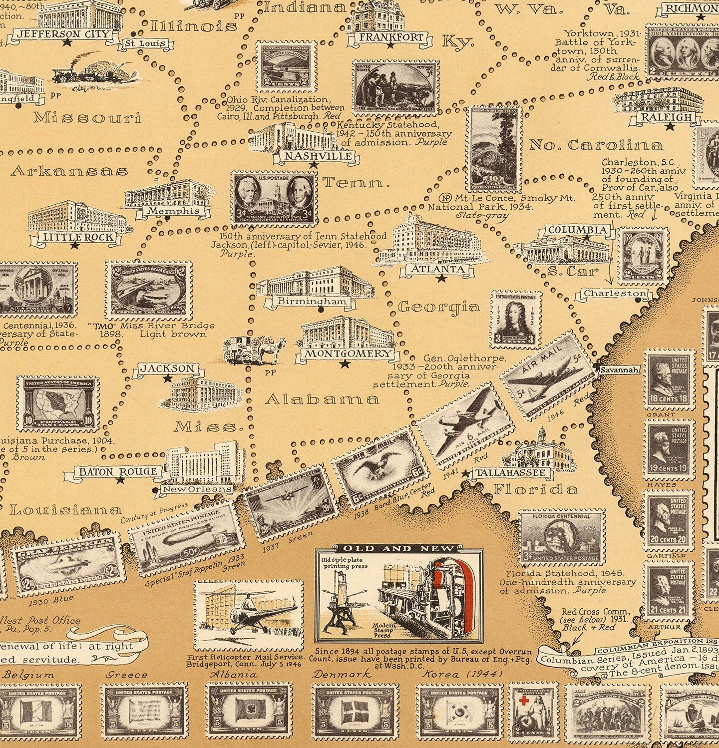 Pictorial Map of United States Stamps Poster U.S. Postage | Etsy