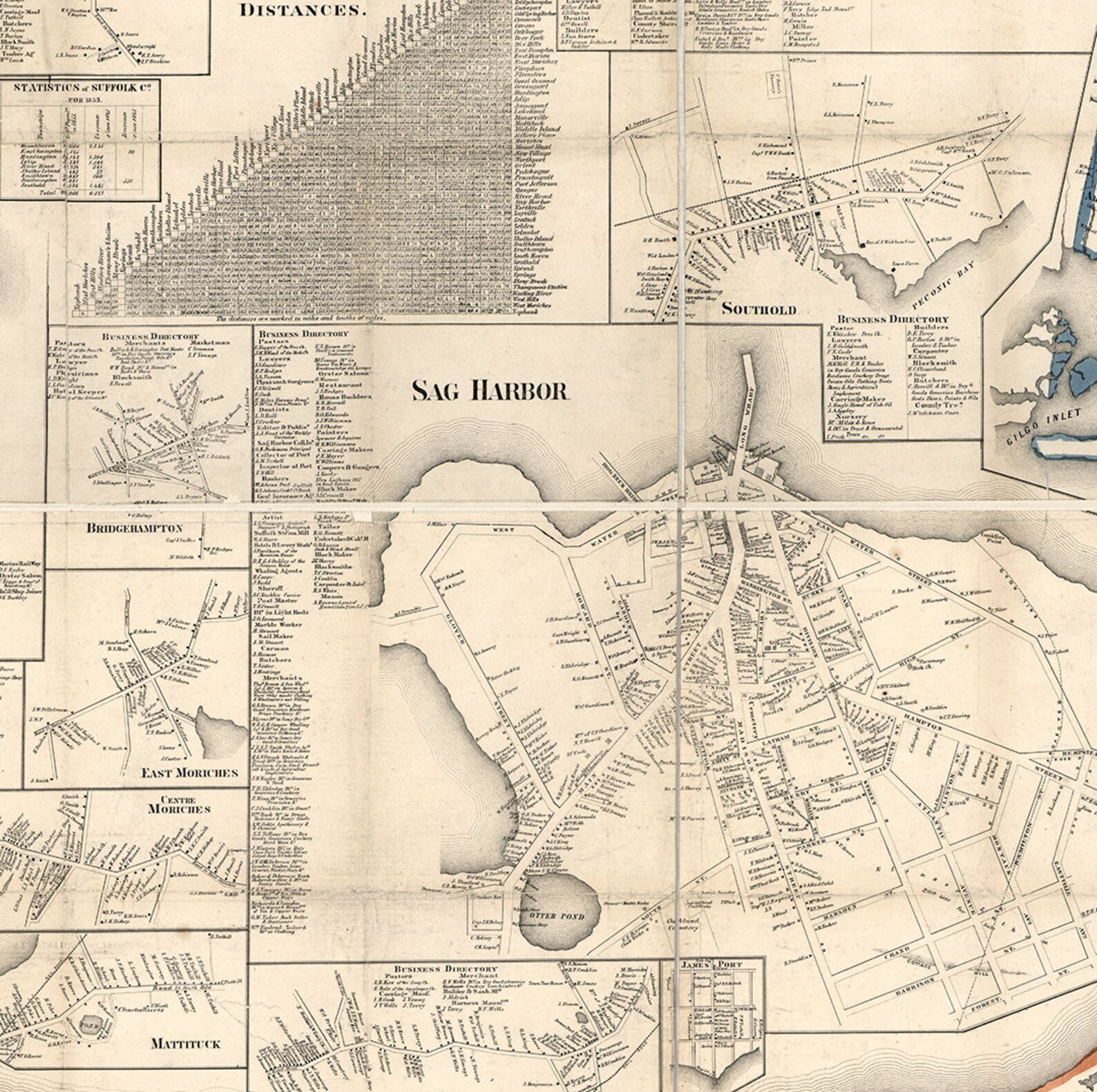 Map of Suffolk County, Long Island, New York NY 1858. Vintage Home ...